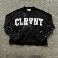 China Custom Sweatshirt Rhinestone Distressed Unisex Embroidered Long Sleeve Double Layered Oversized T Shirt Heavyweight for Men for sale