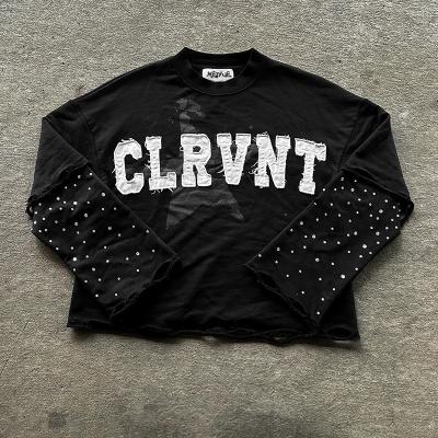 China Custom Sweatshirt Rhinestone Distressed Unisex Embroidered Long Sleeve Double Layered Oversized T Shirt Heavyweight for Men for sale