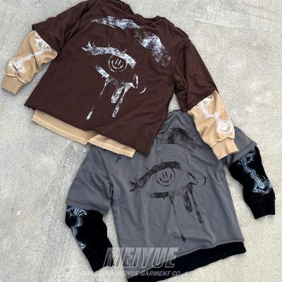 China Custom DTG Print Logo Double Layer Waffle Long Sleeve 100% Cotton Tshirt Streetwear Men Oversized Sweatshirt T Shirt for Men for sale