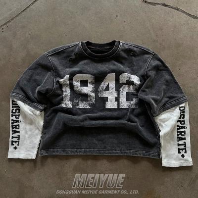 China Custom Screen Print Logo Double Layer Waffle Long Sleeve Acid Wash Tshirt Distressed Men Vintage Sweatshirt T Shirt for Men for sale