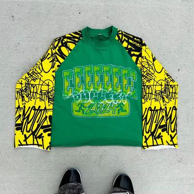 China Clothing Manufacturer Streetwear Custom Color Blocked 100% Cotton Crop All Over Silk Screen Print Boxy Tee Long Sleeve T Shirt for sale
