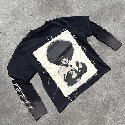 China Applique Embroidery Screen Printed Boxy Long Sleeve T Shirt 250grams for sale