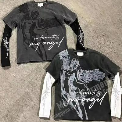 China Streetwear Long Sleeve Tees Oversized Screen Print Patchwork Long Sleeve Shirt for sale