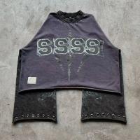 China Custom Streetwear Hip Hop 100% Cotton Raw Hem Cropped Tee Metal Rivet Stone Wash Vintage Long Flared Sleeve T-shirts for Men for sale