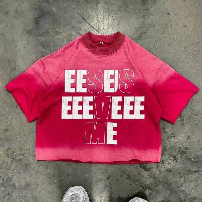 China Custom Drop Shoulder Sun Faded Heavyweight Cotton Acid Washed Ripped Screen Print Vintage Hip Hop Boxy Fit t Shirt for Men for sale