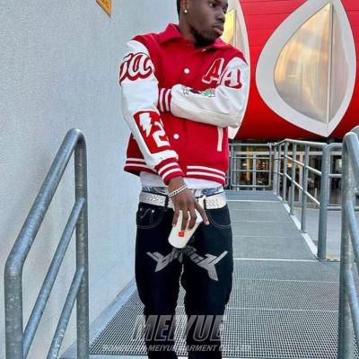 China Custom Unisex Chenille Leather Sleeves Letter Embroidery Patch Men's Baseball Polar Fleece Varsity Jacket With Leather Sleeve for sale