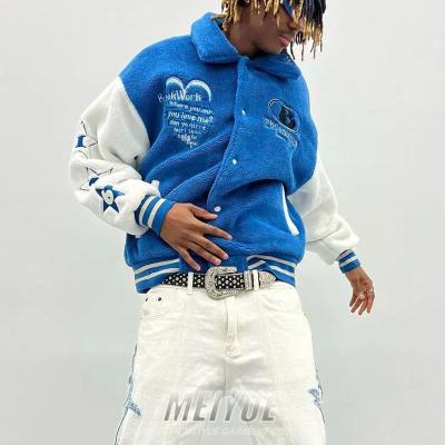 China Custom Logo Sherpa Varsity Jacket Button Up Wool Fleece Bomber Jacket Mens for sale