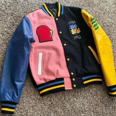 China Custom Varsity Jacket Leather Sleeve Chenille Embroidery Color Blocked Letter Embroidery Graphic Letterman Varsity Bomber Jacket for sale