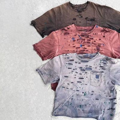 China Oem Clothing Manufacturer Custom Vintage T Shit Heavyweight Shirts Cotton Ripped Acid Wash Tshirt Cotton Distressed T-Shirt Men for sale