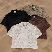 China Custom Handwoven Embroidery Logo Boxy Fully Cut and SewN Lace Linen Breathable Plaid Shirt Crochet Button up Polo Shirts for sale