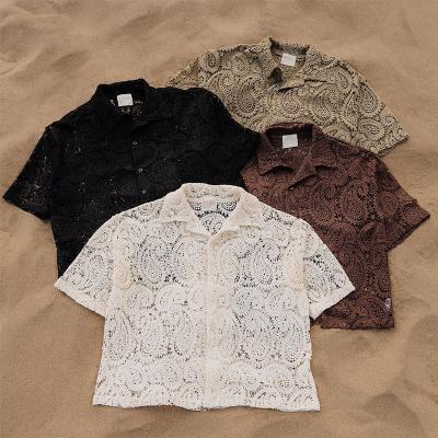 China Custom Handwoven Embroidery Logo Boxy Fully Cut and SewN Lace Linen Breathable Plaid Shirt Crochet Button up Polo Shirts for sale