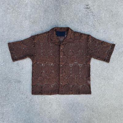 China Custom Handwoven Embroidery Logo Boxy Retro Linen Lace Plaid Shirt Crochet Button up Fully Cut and Sew Polo Shirts for Men for sale