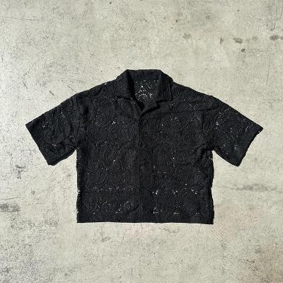 China Custom Lace Embroidery Handwoven Logo Boxy Retro Linen Breathable Tshirt Plaid Shirt Crochet Button up Polo Shirts for Men for sale
