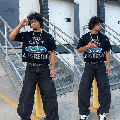 China Custom Ripped Screen Print Logo Boxy Cropped Cut and Sew Reverse Embroidered Distress Tshirt Retro Tshirt t Shirts for Men for sale
