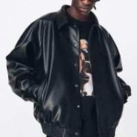 China Pu Leather Streetwear Baseball Jacket Black Leather Jacket Vintage Street Style Eco Friendly for sale