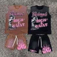 China Hot Sale Streetwear Mens Short Sets Custom Logo Acid-Washed Vintage Oversized Tank Top and Shorts Two Piece Set for sale