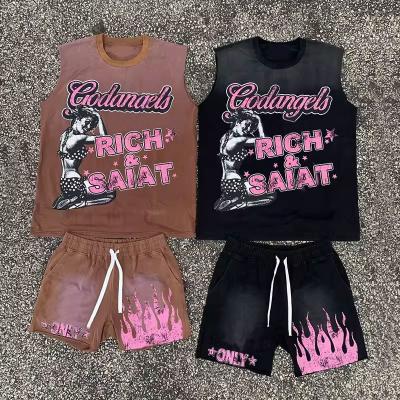 China Hot Sale Streetwear Mens Short Sets Custom Logo Acid-Washed Vintage Oversized Tank Top and Shorts Two Piece Set for sale