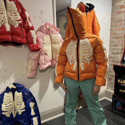 China OEM Unisex Zip up Hoodie Custom Skeleton Chenille Embroidery Logo Puff Jacket Waterproof Windproof Bubble Full Zip up Jacket Men for sale