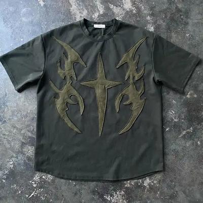 China Heavy Patchwork Mens Shirt Distressed Oversized Vintage Cotton Boxy Tee Anti Shrink for sale