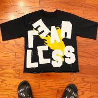 China Applique Letter Embroidered Black Streetwear Graphic Tees Distressed Vintage T Shirt for sale