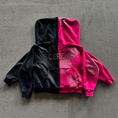 China Acid Wash Vintage Sun Faded Streetwear Rhinestone Hoodie Custom Logo for sale