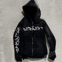 China Custom Rhinestone Screen Print Logo No Strings Oversized Hoodie Distressed Heavyweight Cotton Zip up Hoodies Streetwear Hoodie for sale