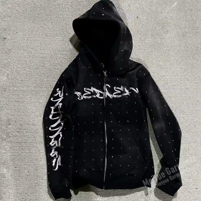 China Custom Rhinestone Screen Print Logo No Strings Oversized Hoodie Distressed Heavyweight Cotton Zip up Hoodies Streetwear Hoodie for sale