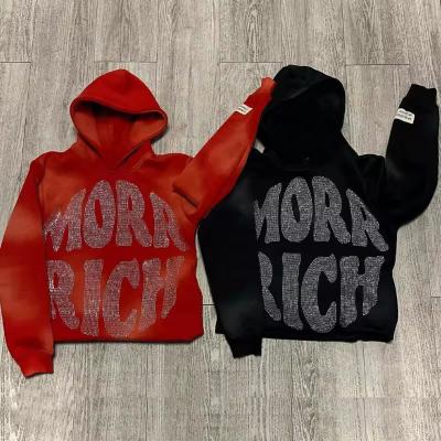 China Anti Shrink Rhinestone Logo Hoodie Bottom Cut Edge Unisex Heavyweight Pullover Hoodie for sale