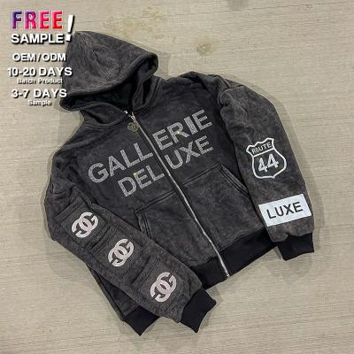 China Clothing Manufacturers Custom Rhinestone Acid Washed Zip up Multiple Pockets Vintage Heavyweight Hoodie Sun Faded Hoodies Men for sale