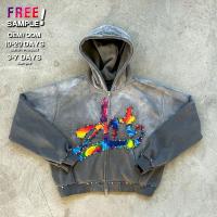 China Customizable No String Streetwear Rhinestone Hoodie Zip Up Acid Wash Hoodie Casual for sale