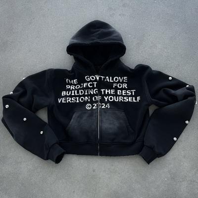 China Anti Wrinkle No Strings Streetwear Zipper Hoodie Plus Size Rhinestone Hoodie for sale