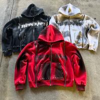 China OEM Service Rhinestone Zip Up Hoodie Acid Wash Diamond Red Hoodie 100% Cotton for sale