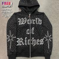 China No String Heavy Weight Streetwear Full Zip Hoodie Rhinestone  Silk Screen Printed Logo for sale