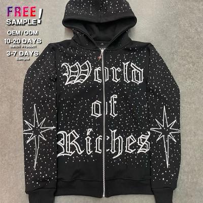 China No String Heavy Weight Streetwear Full Zip Hoodie Rhinestone  Silk Screen Printed Logo for sale