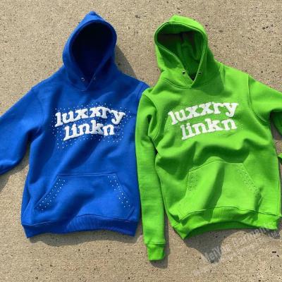 China Custom Logo Mens No String Hoodie Sequin Rhinestone Zip Hoodie 3d Puff Print for sale