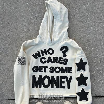 China Rhinestone Pullover Hoodie Puff Printing Oversized Drop Shoulder Hoodie 500 Gsm for sale