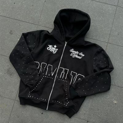 China Windproof Zip Up Rhinestone Hoodie Rips Screen Print Logo Streetwear Fleece Hoodies for sale