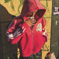 China Men's Customized Size Embroidery Distressed Hoodie Zip Jacket With Acid Wash And Vintage Rhinestone Print Streetwear Fashion for sale