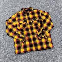 China Custom Embroidery Patch Vintage Logo Men's Long Sleeve Plaid Button Up Shirt In Cotton Fabric With Customized Printing Label for sale