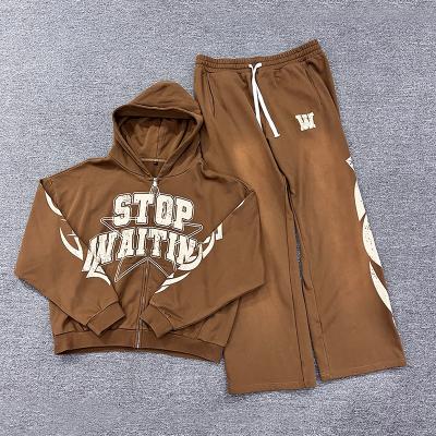 China Men's Custom Hoodie Joggers Set Ripped Screen Print Distressed Zipper Hoodie Wide Leg Baggy Sweatpants With Custom Label for sale