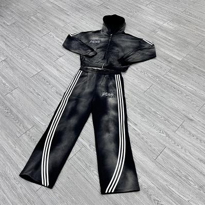China Custom Logo Heavyweight Acid Wash Sweatsuit With Sun Faded Stripes Distressed Screen Print And Zip Hoodie for sale