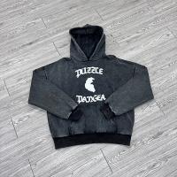 China Custom Hoodie No String Ripped Distress Screen Print Hoodie Acid Washed Vintage Retro Pullover Heavyweight Cotton Hoodies Men for sale