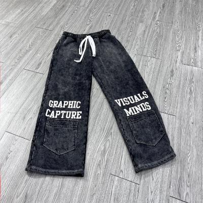 China Custom Ripped Screen Print Acid Wash Vintage Sweatpants Baggy Embroidered Wide Leg Streetwear Flared Sweatpants Track Pants Men for sale