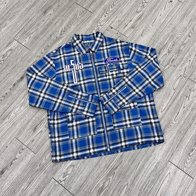 China Custom Winter Embroidered Logo Plaid Shirts Zip Up Polo Shirt Oversized Long Sleeve Flannel Shirts For Men for sale