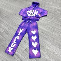 China Custom Applique Embroidery Patch Boxy Zip Up Rhinestone Sun Faded Acid Washed Hoodie Tracksuits Set Wide Leg Sweatpants Set for sale