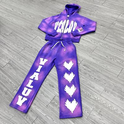 China Custom Applique Embroidery Patch Boxy Zip Up Rhinestone Sun Faded Acid Washed Hoodie Tracksuits Set Wide Leg Sweatpants Set for sale