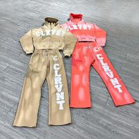 China Custom Streetwear Applique Distressed Embroidery Patches Sun Faded Zip Up Hoodie Set Tracksuit Sweatpants Joggers Set for sale
