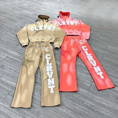 China Custom Streetwear Applique Distressed Embroidery Patches Sun Faded Zip Up Hoodie Set Tracksuit Sweatpants Joggers Set for sale