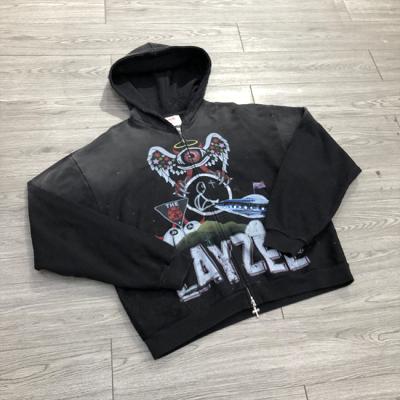China OEM Custom Contract Stitch Zip Up Acid Wash Vintage French Cropped Boxy Hoodies Men Distress Screen Logo Hoodie for sale