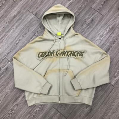 China 450gsm Custom Logo Applique Embroidery Distress Zip Up 100 Cotton Hoodie French Terry Hoodie for sale